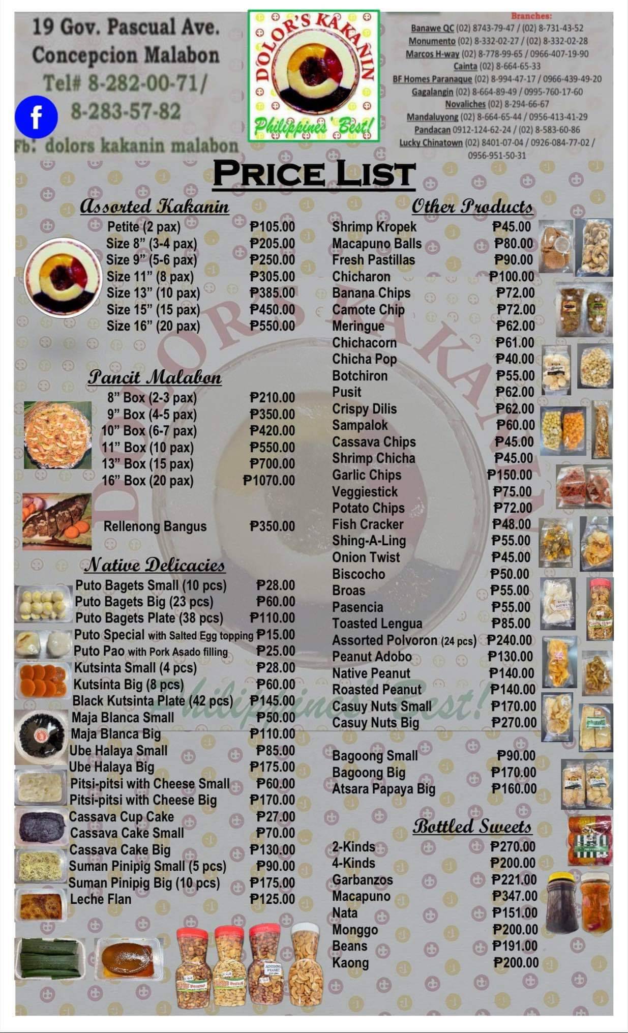 Menu at Dolor’s Kakanin Malabon restaurant, Malabon