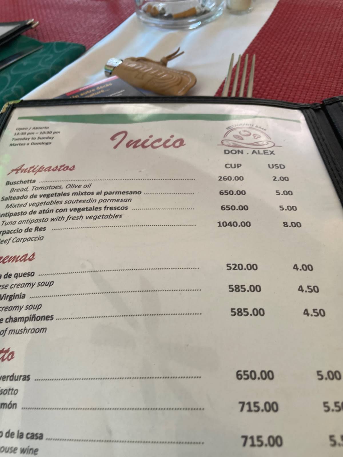 Menu at Don Alex restaurant, Varadero, Calle 31 N° 106 e/1ra y 3ra Ave