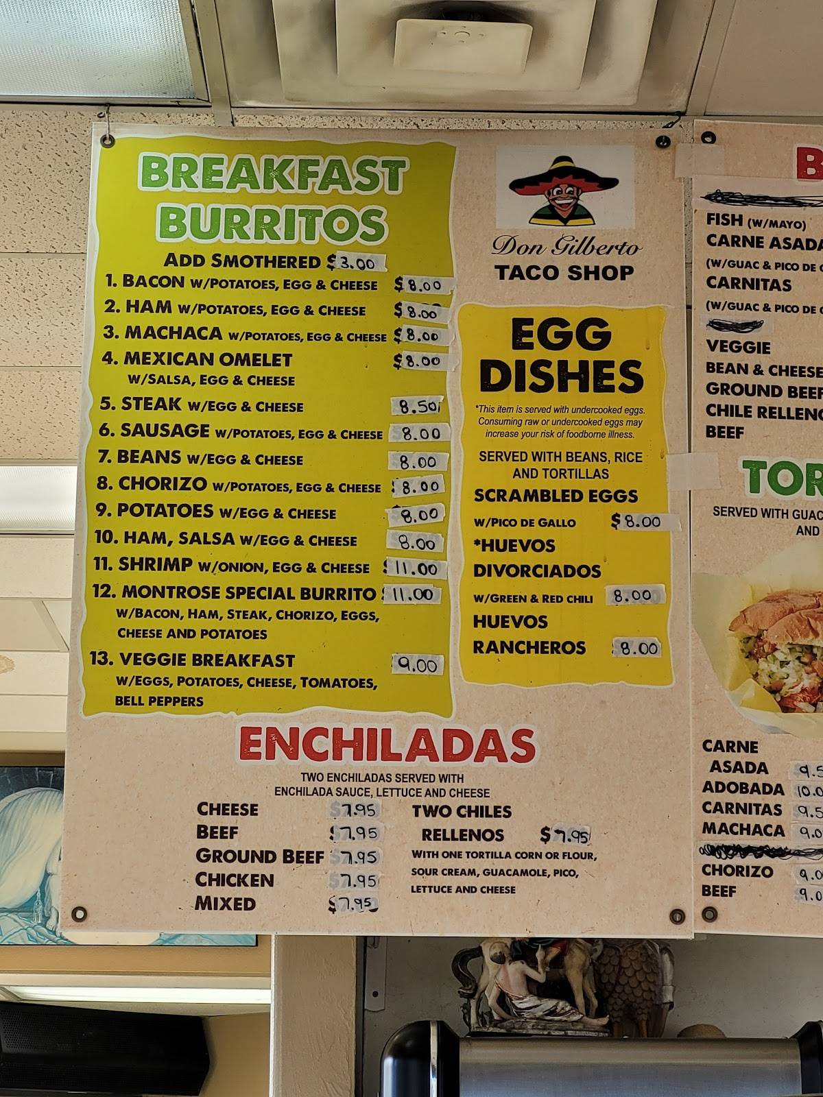 Menu at Don Gilberto Mexican Food restaurant, Montrose, S Townsend Ave ...