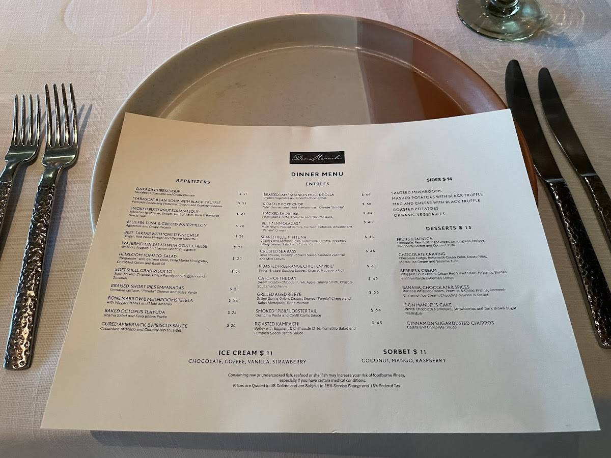Menu at Don Manuel's restaurant, Cabo San Lucas