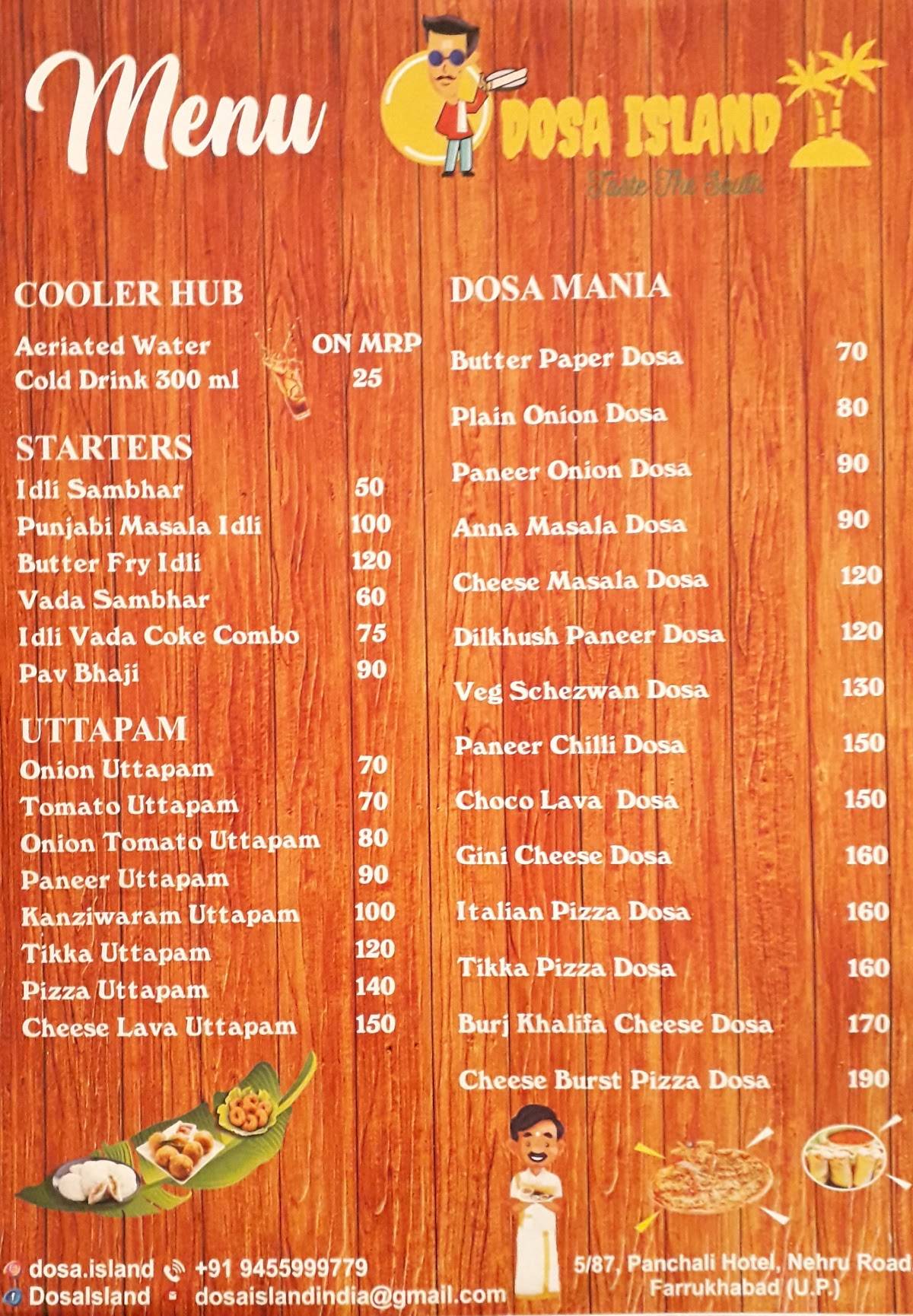 Menu at Dosa Island, Farrukhabad