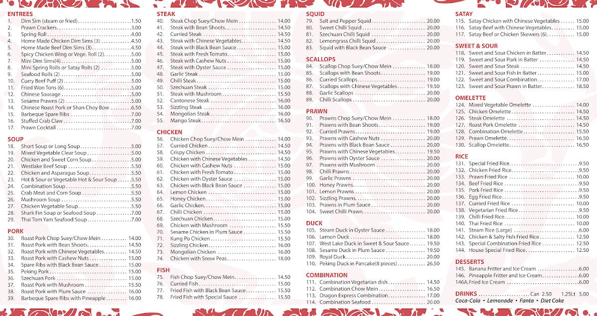 Menu at Dragon Express restaurant, Sunshine