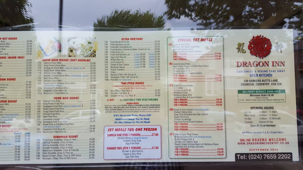 Menu at Dragon Inn fast food, Coventry, 139 Barker's Butts Ln