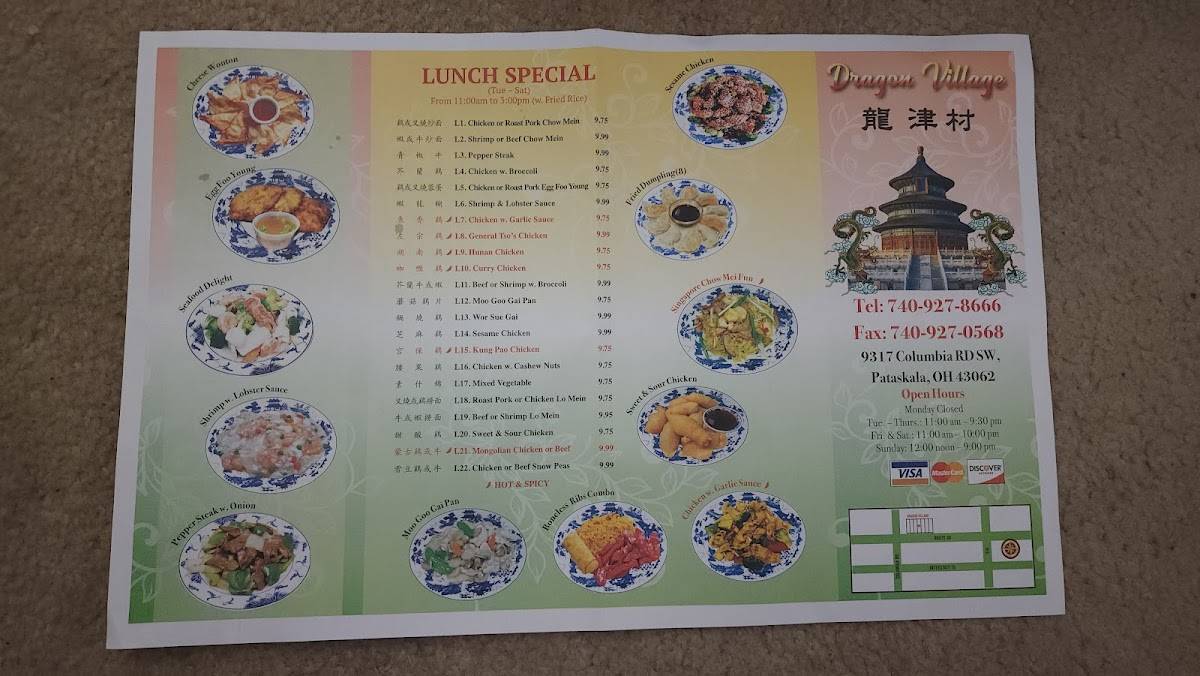Menu at Dragon Village restaurant, Etna, Columbia Rd SW