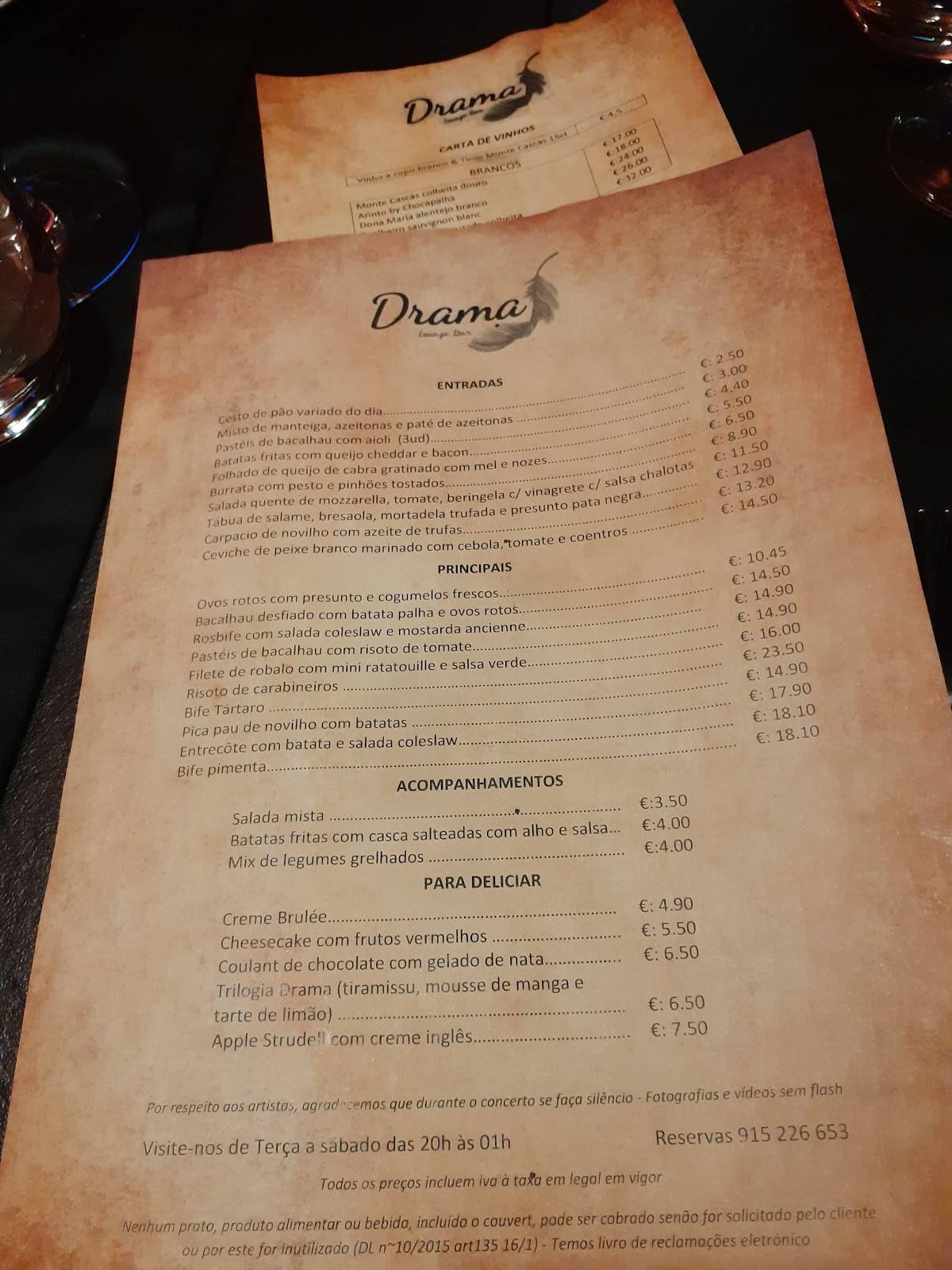 Menu em Drama Restaurante & Bar, Parede