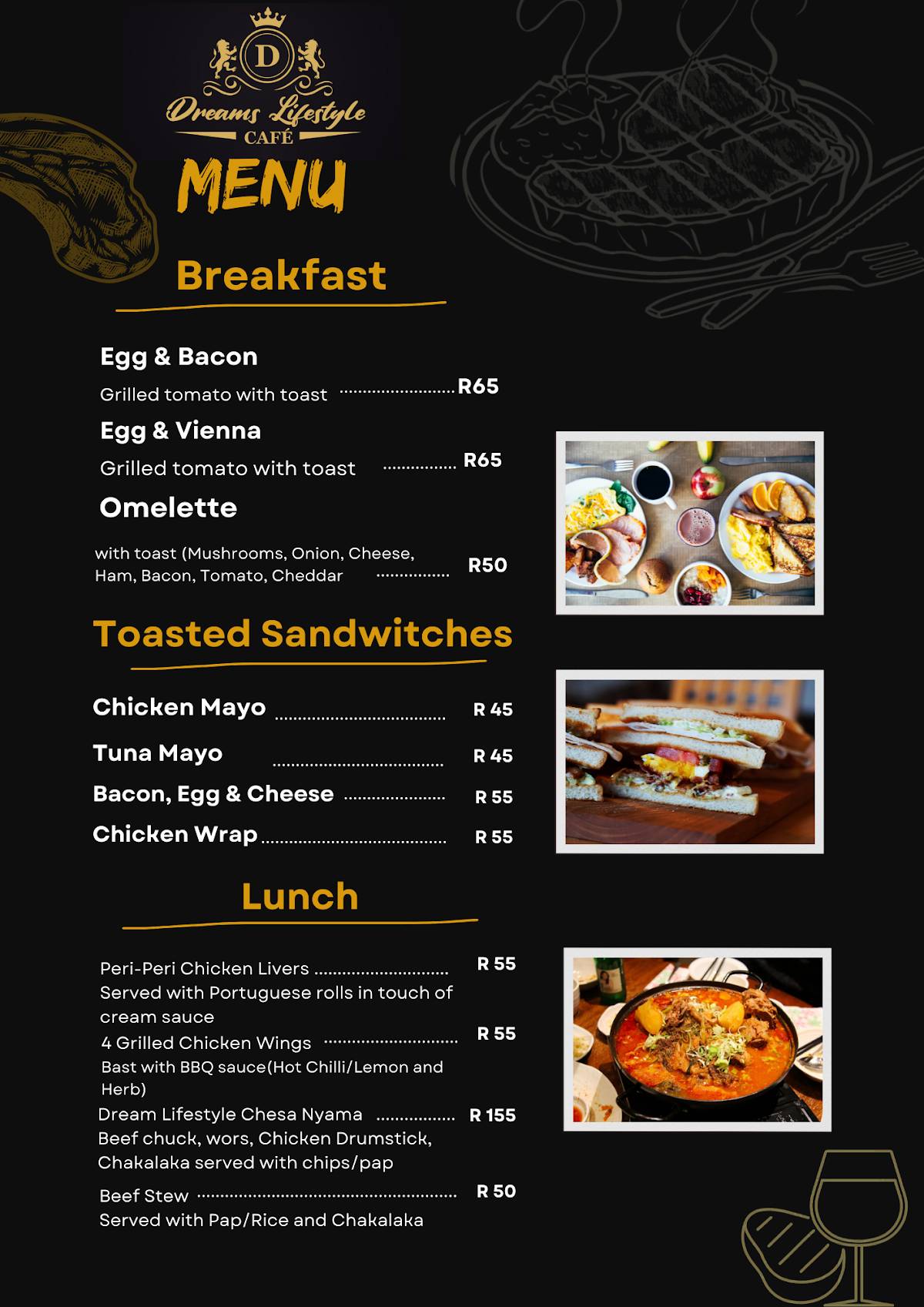 Menu at Dreams Lifestyle Cafe, Johannesburg