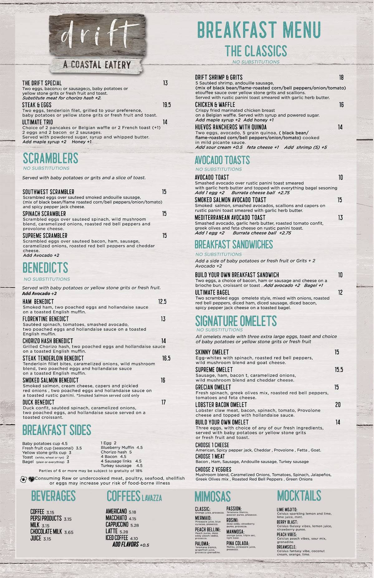 Menu at Drift restaurant, Myrtle Beach
