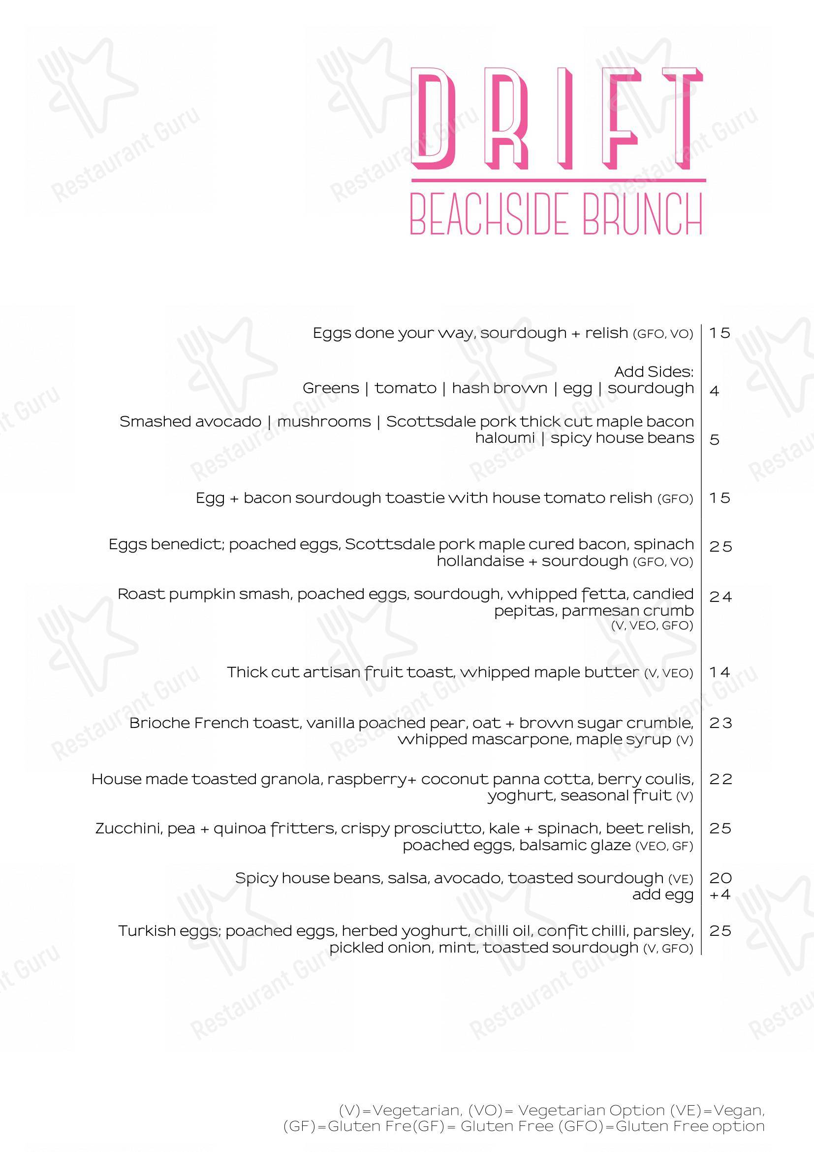 Menu at Drift restaurant, Devonport