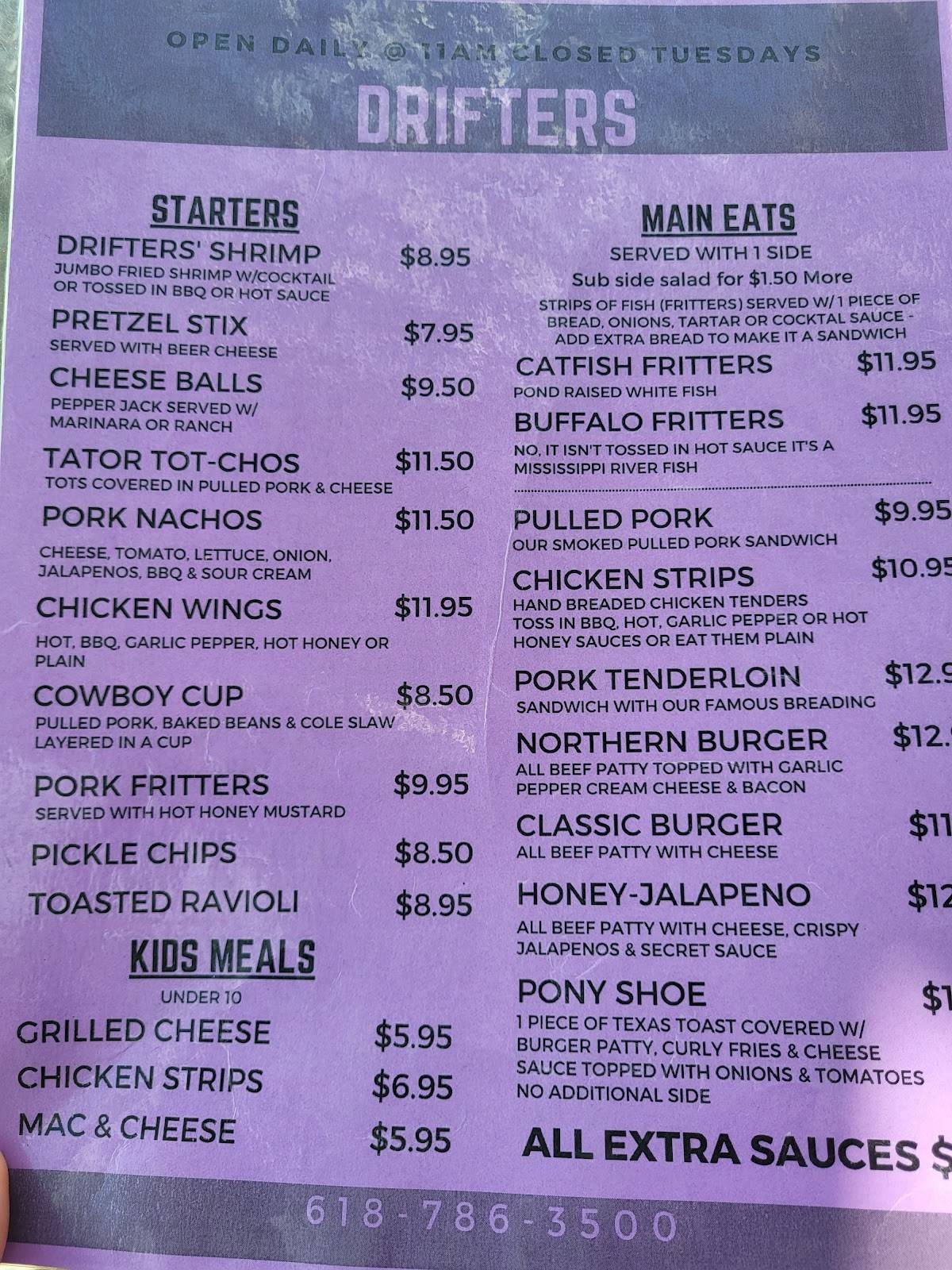 Menu at Drifters Bar and Grill, Grafton