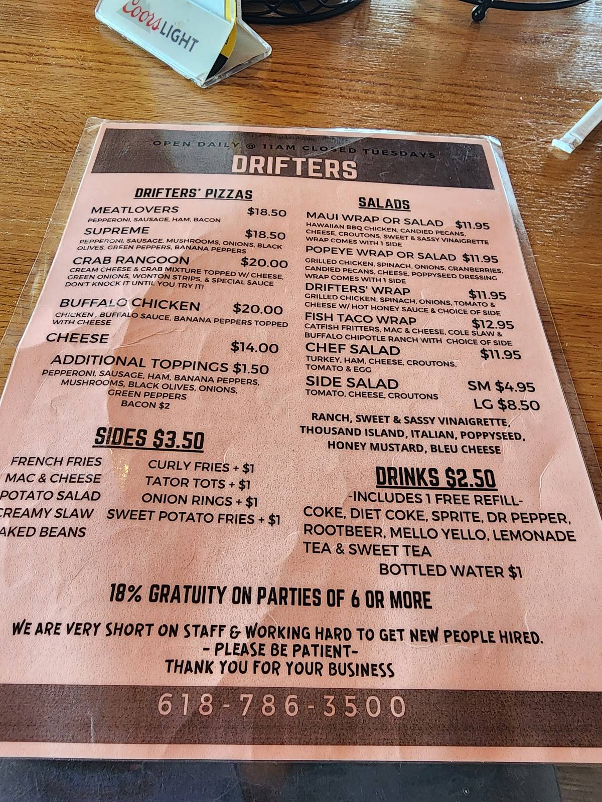 Menu at Drifters Bar and Grill, Grafton
