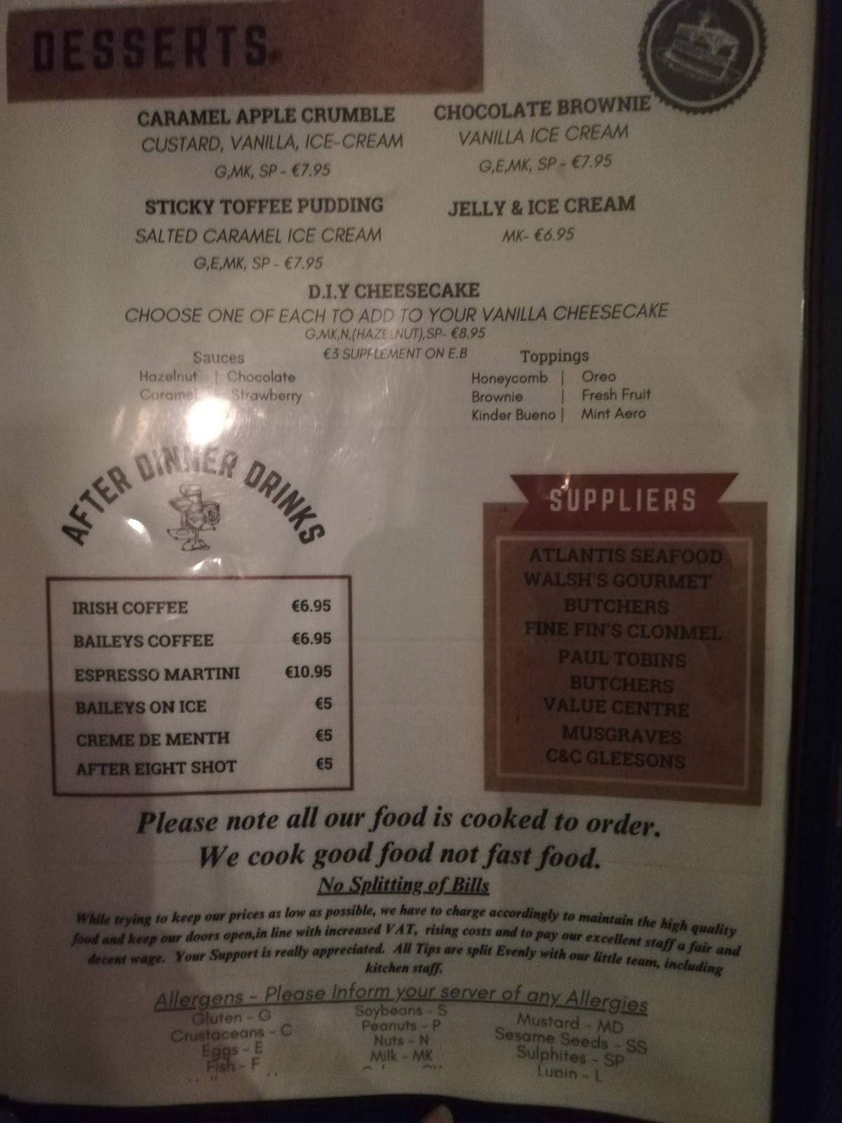 Menu at Driver's at the 19th pub & bar, Clonmel
