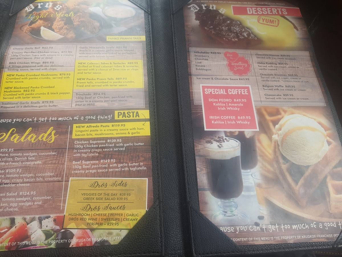 Menu at Dros Krugersdorp restaurant, Krugersdorp, Heritage Square Cecil ...