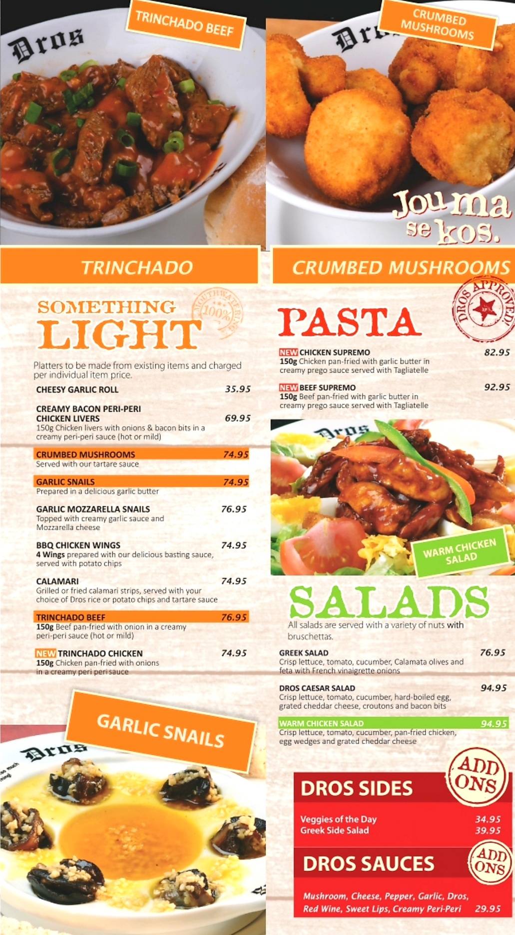 Menu at Dros Krugersdorp restaurant, Krugersdorp, Heritage Square Cecil ...