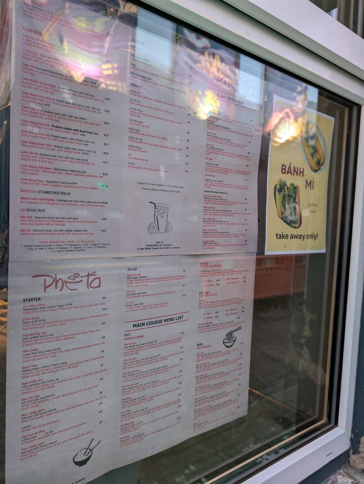 Menu at Pho Ta restaurant, Dublin