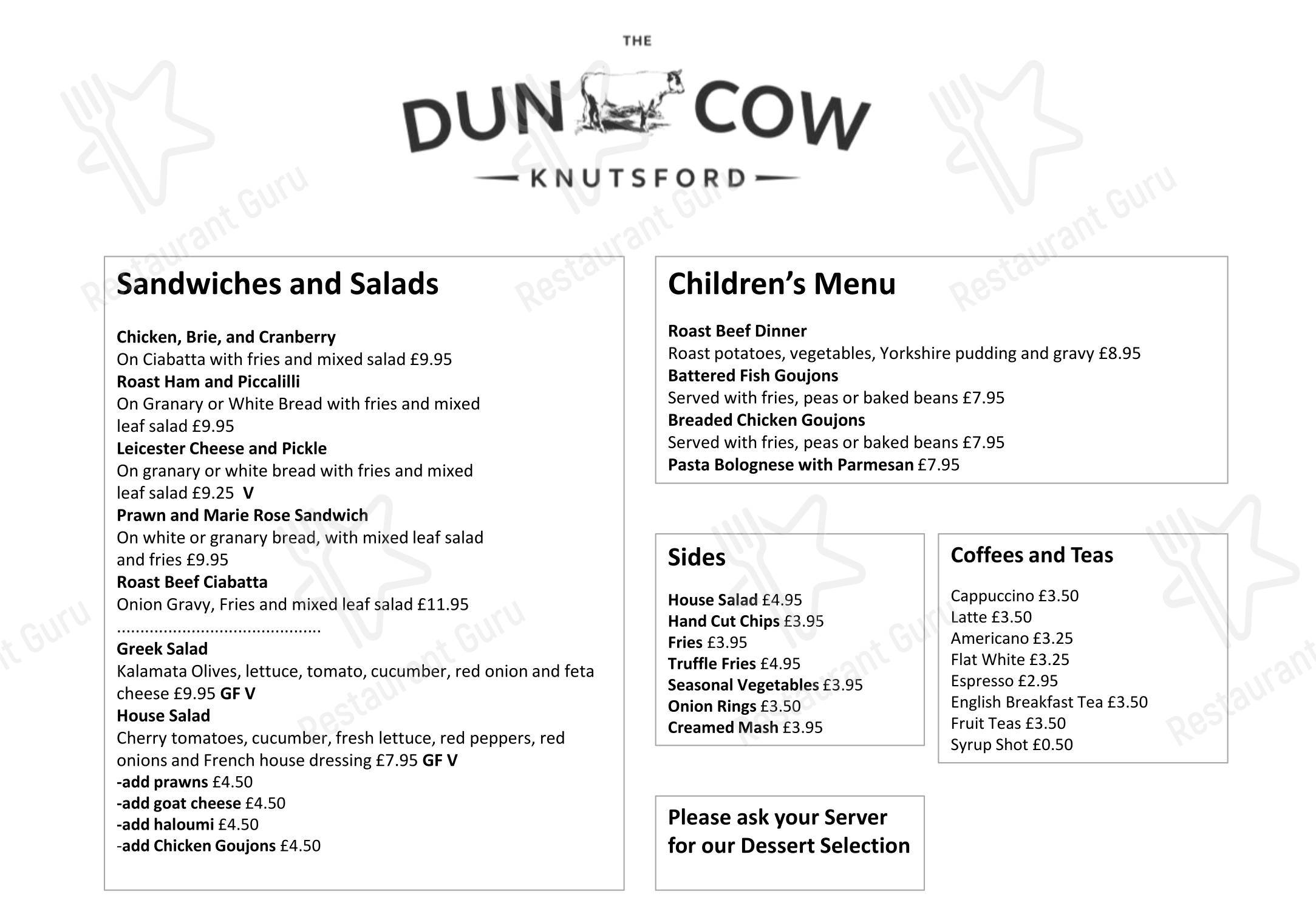 Menu at Dun Cow pub & bar, Ollerton, Chelford Rd