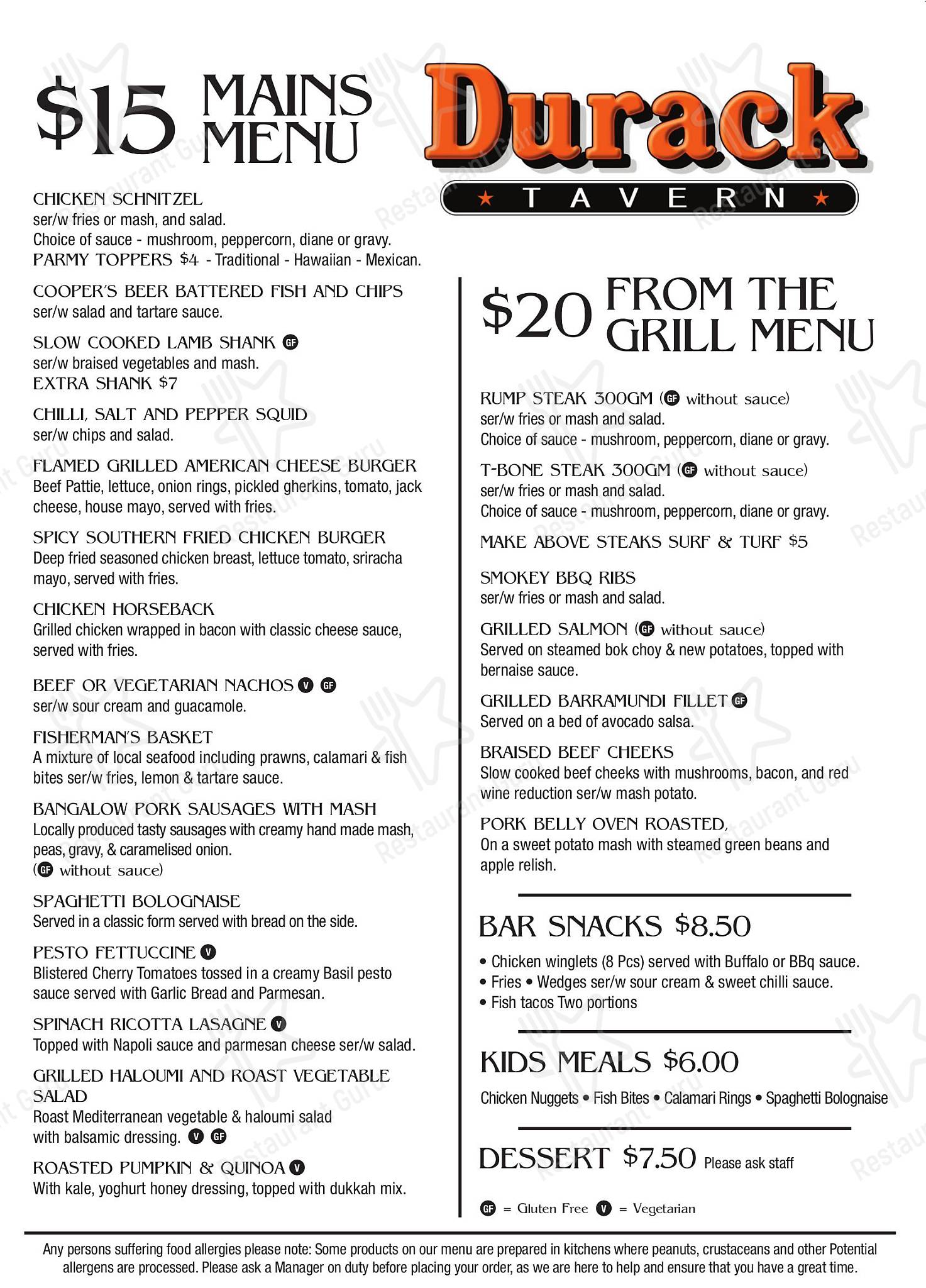 Menu at Lucky Tree Tavern restaurant, Durack