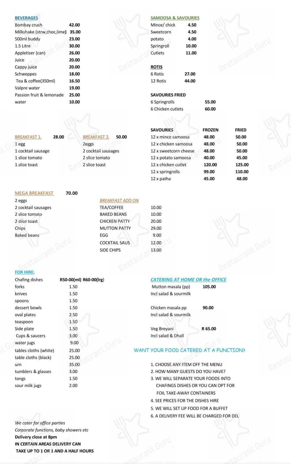 Menu at Al-Sameer's restaurant, Durban