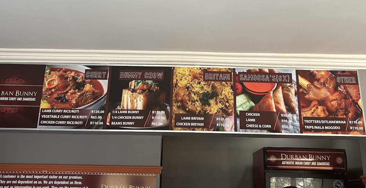 Menu at Durban Bunny restaurant, Bloemfontein