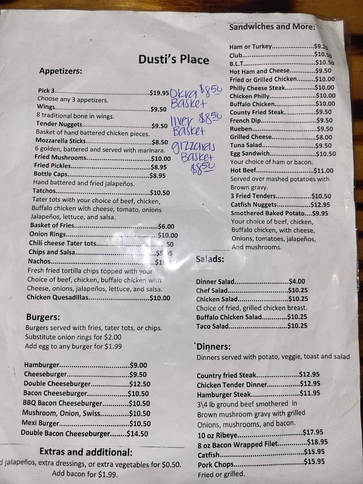 Menu at Dusti's Place pub & bar, Wichita