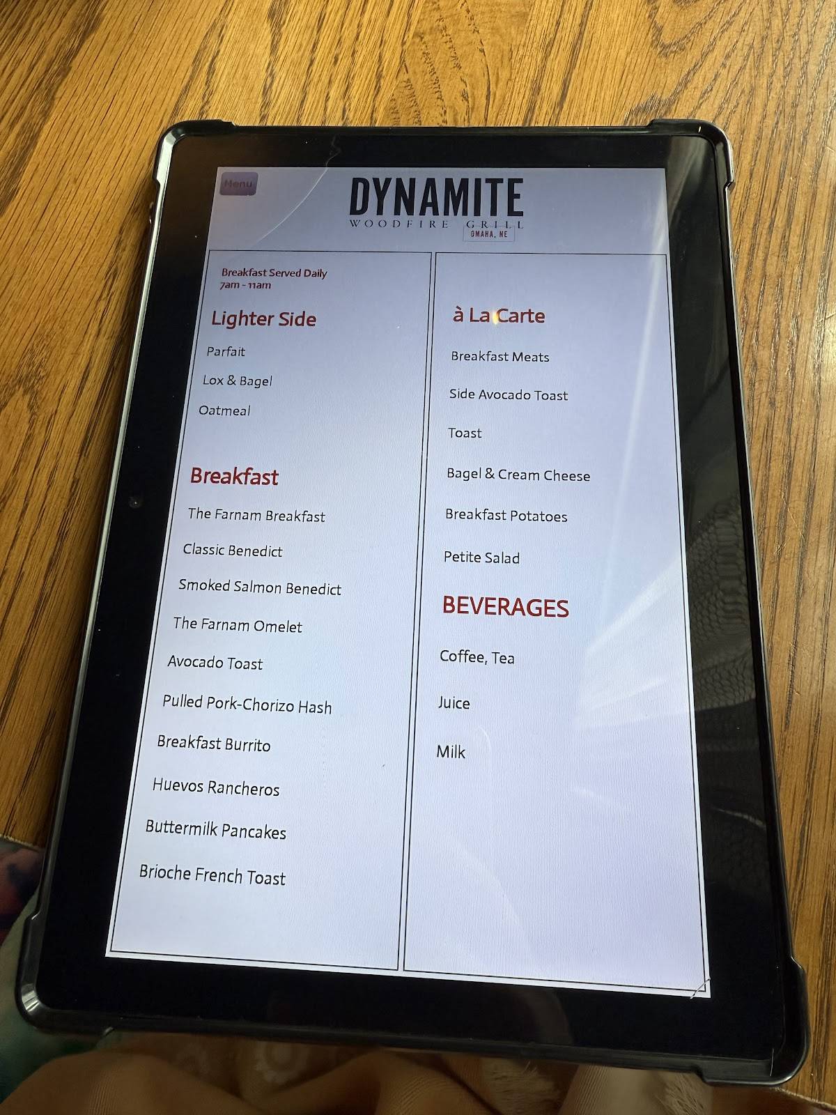 Menu at Dynamite Woodfire Grill restaurant, Omaha