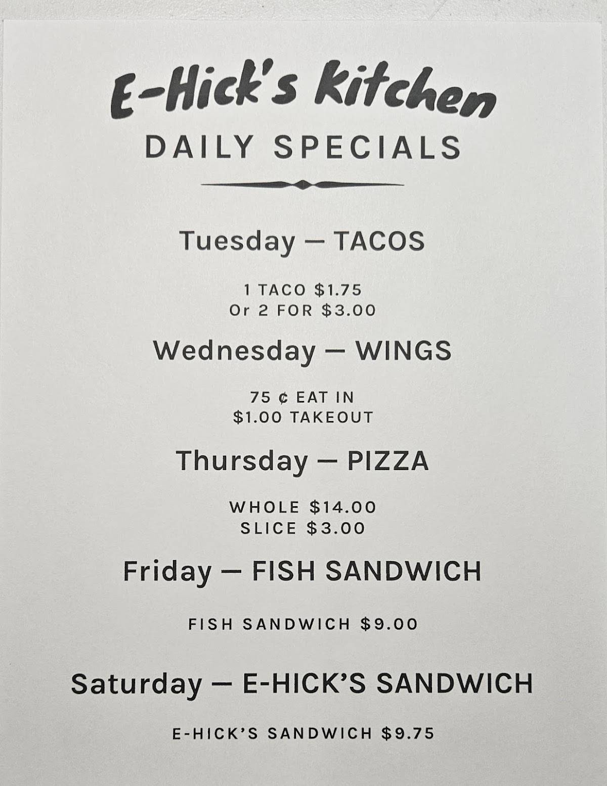 Menu at E-Hicks Kitchen restaurant, Donora