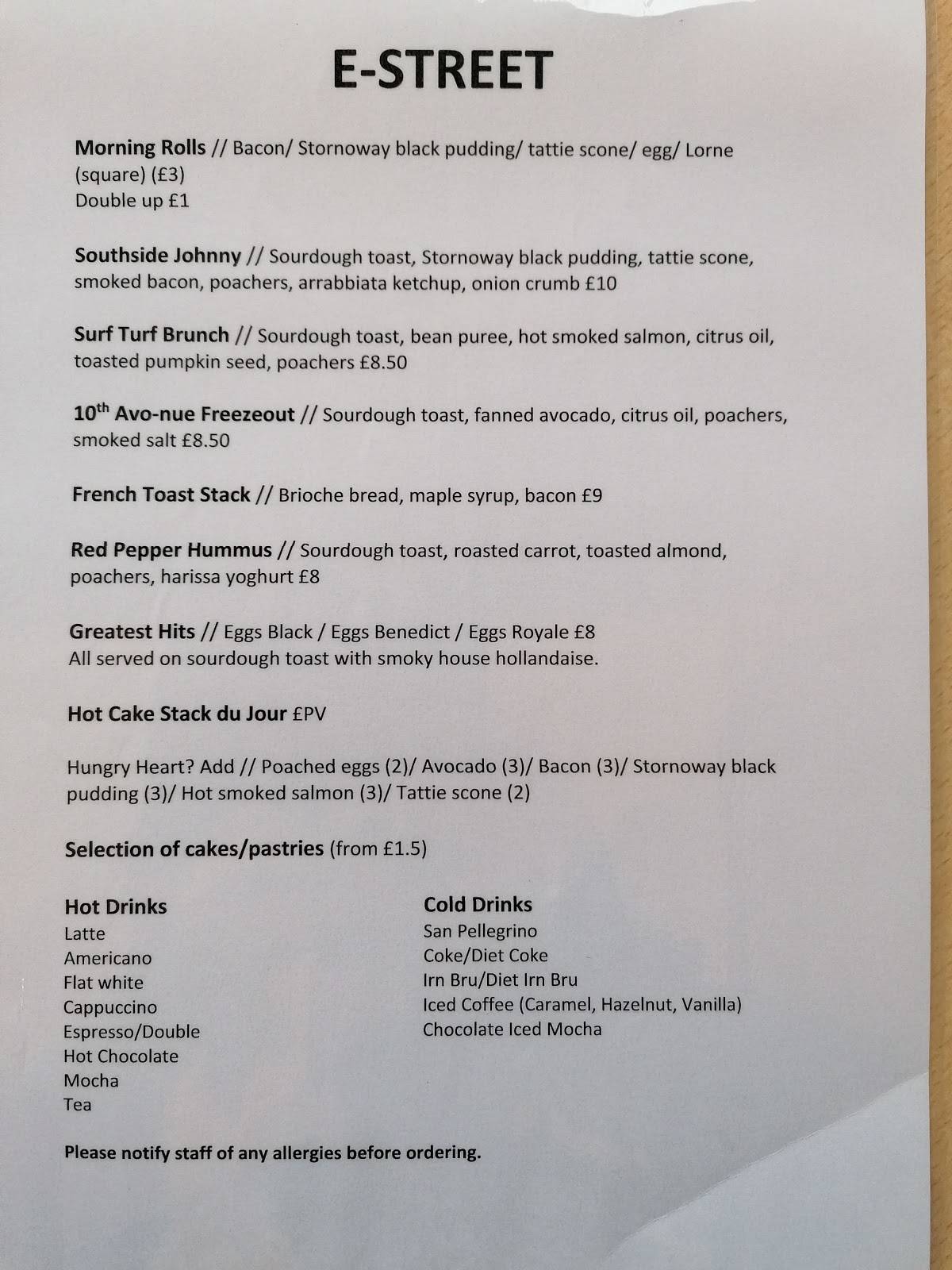 Menu at E-Street Café cafe, Glasgow