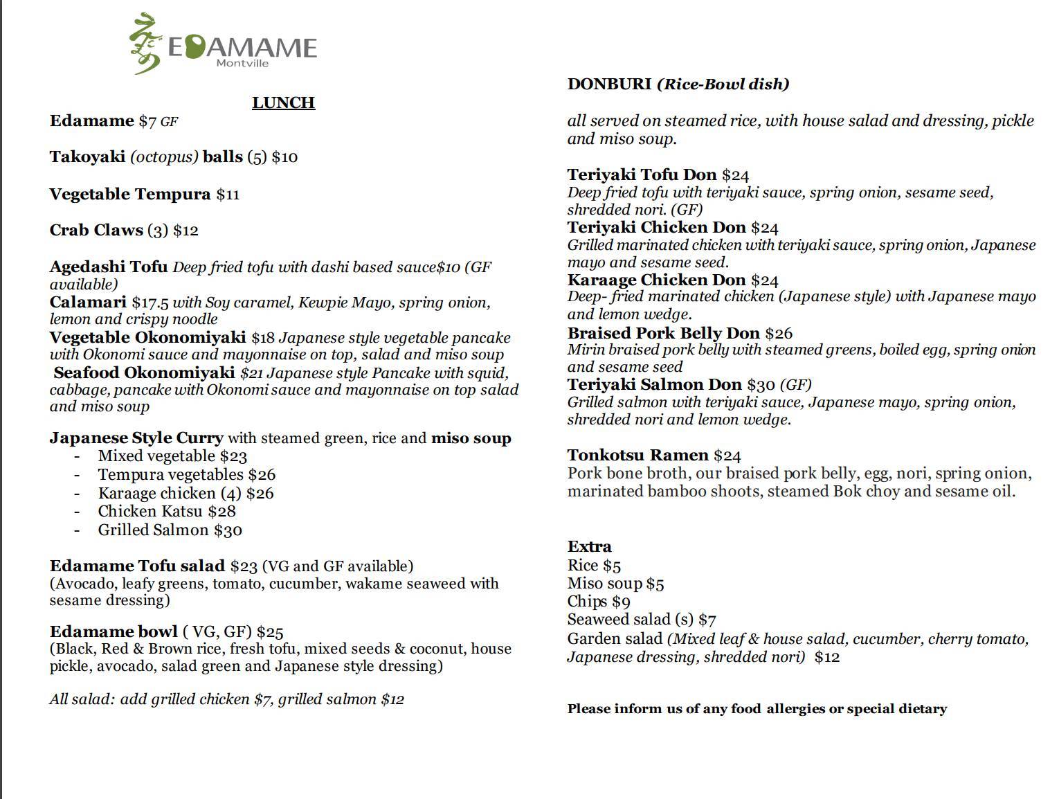 Menu at EDAMAME at Montville restaurant, Montville