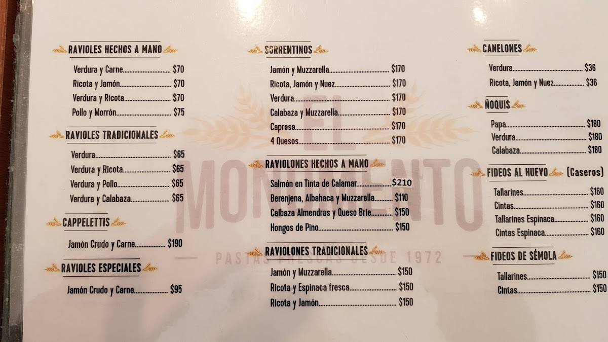 Menu at EL MONUMENTO PASTAS restaurant, La Plata