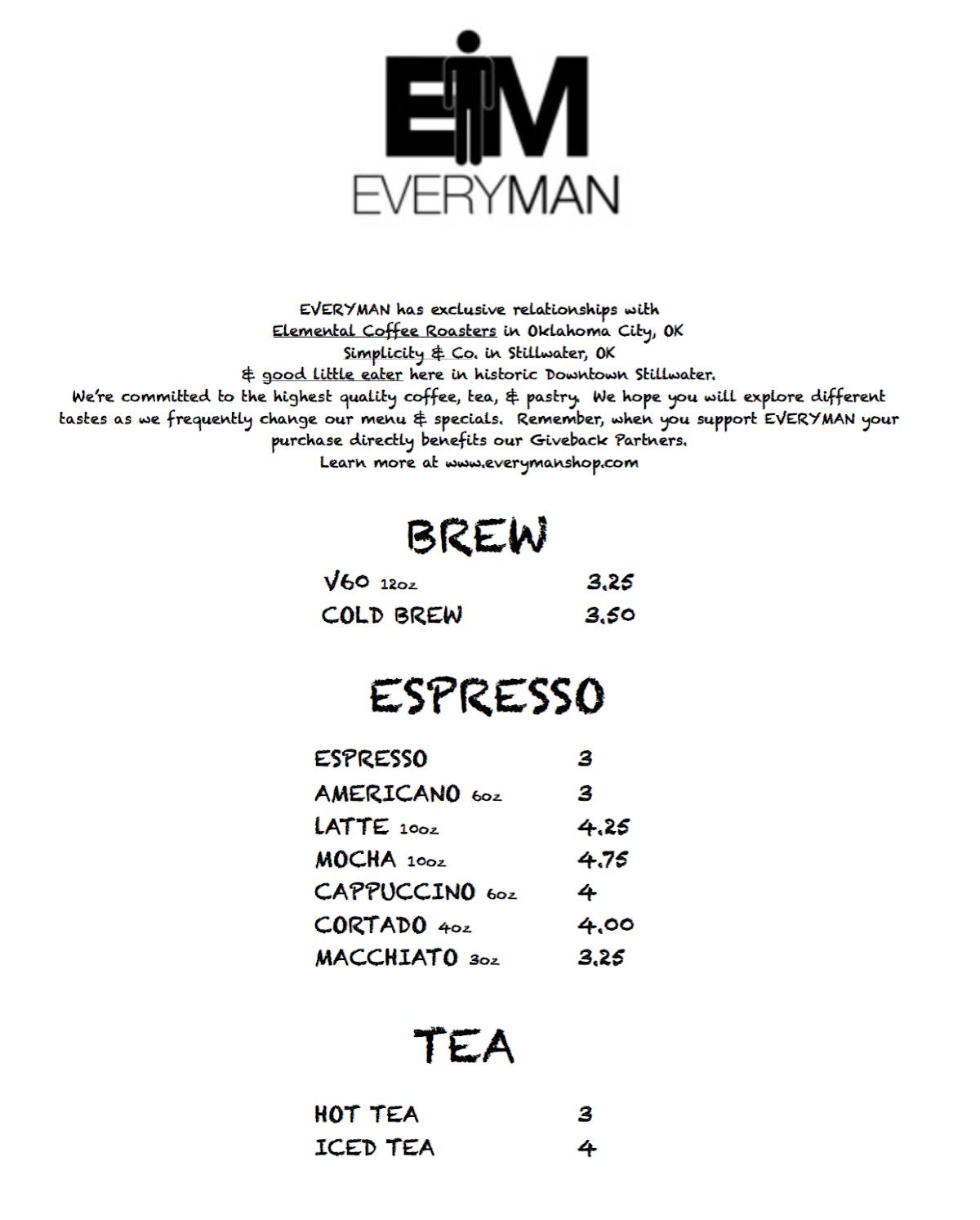 Menu at EVERYMAN restaurant, Stillwater