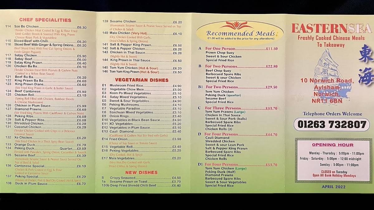 Menu at Eastern Sea fast food, Hevingham
