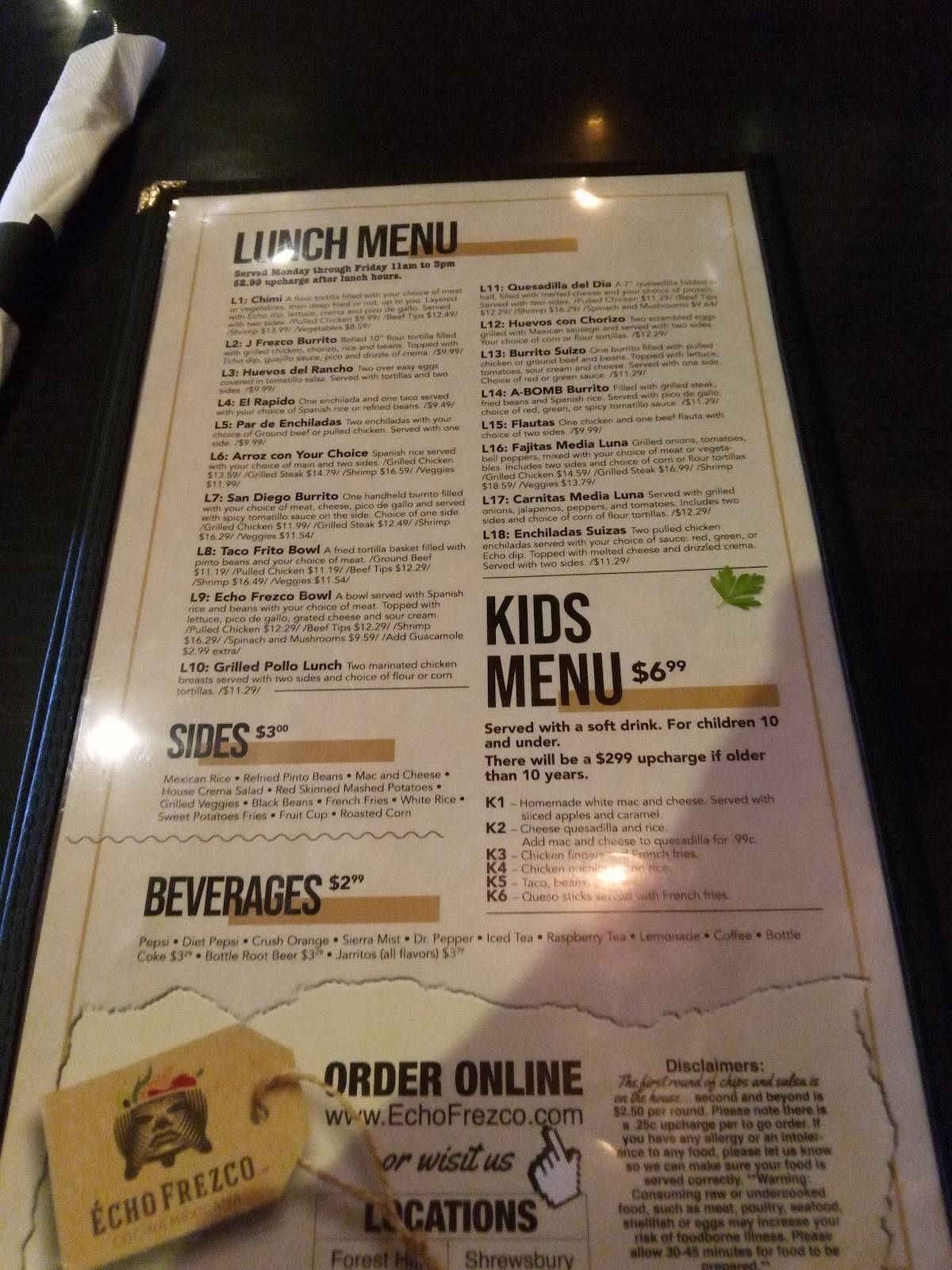 Menu at Echo Frezco restaurant, Forest Hill