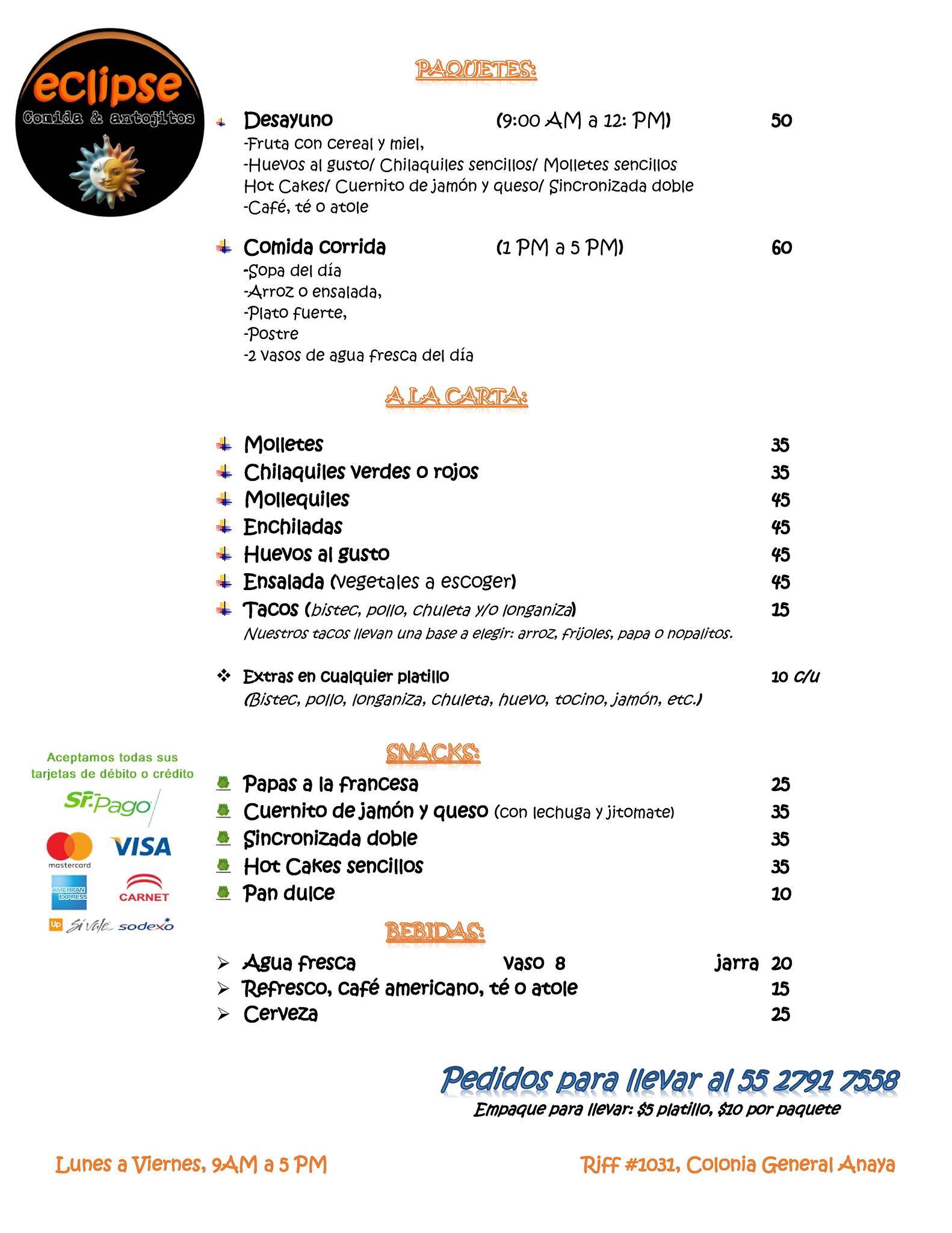 Carta del restaurante Eclipse Comida & Antojitos, Ciudad del México