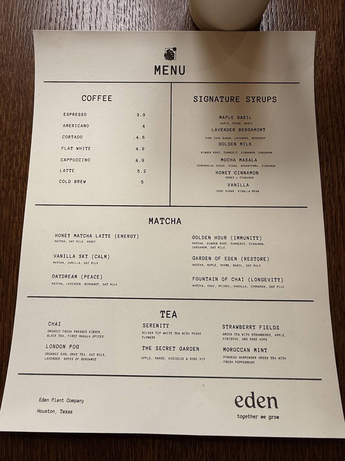 Menu at Eden Plant Co., Houston, Harrisburg Blvd Suite J