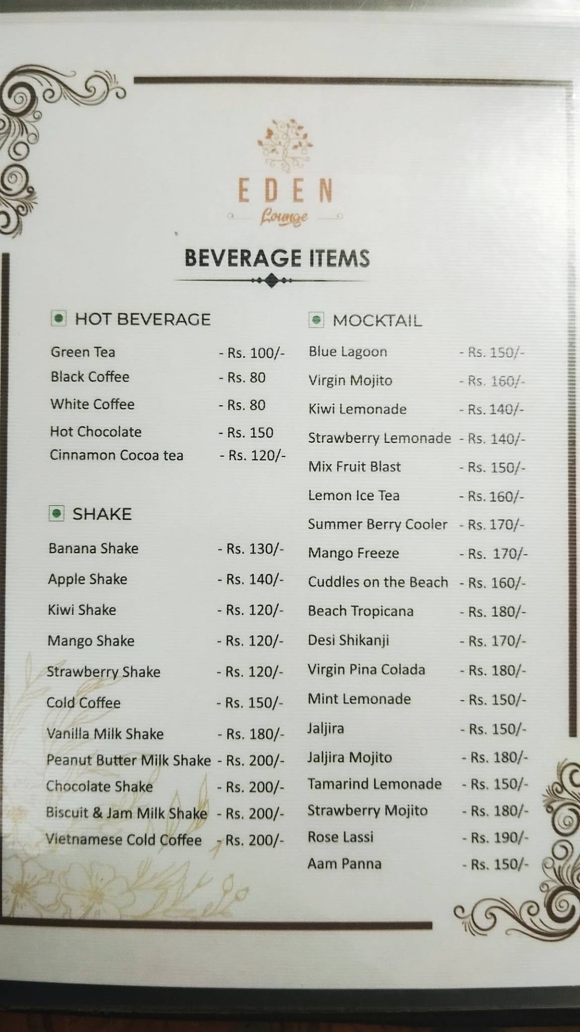 Menu at Eden lounge imphal, Imphal