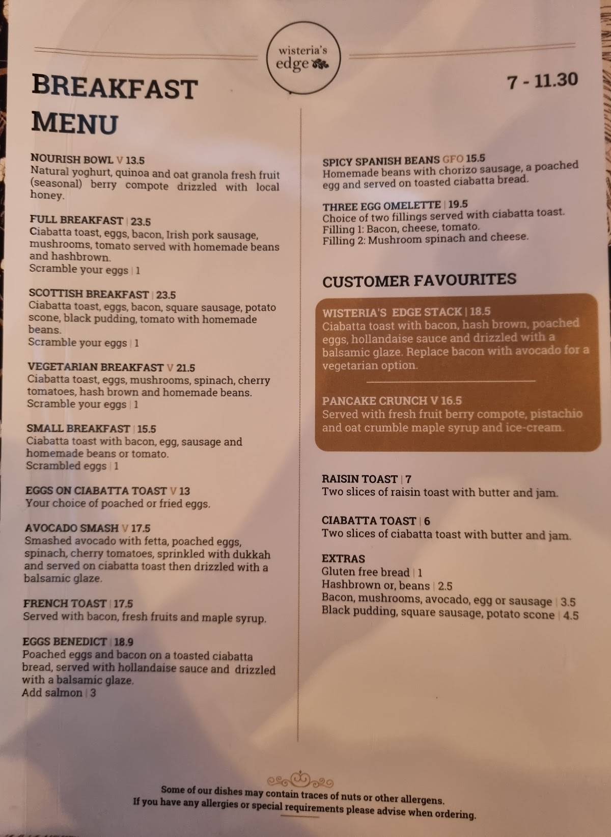 Menu at Wisteria's Edge cafe, Edgewater