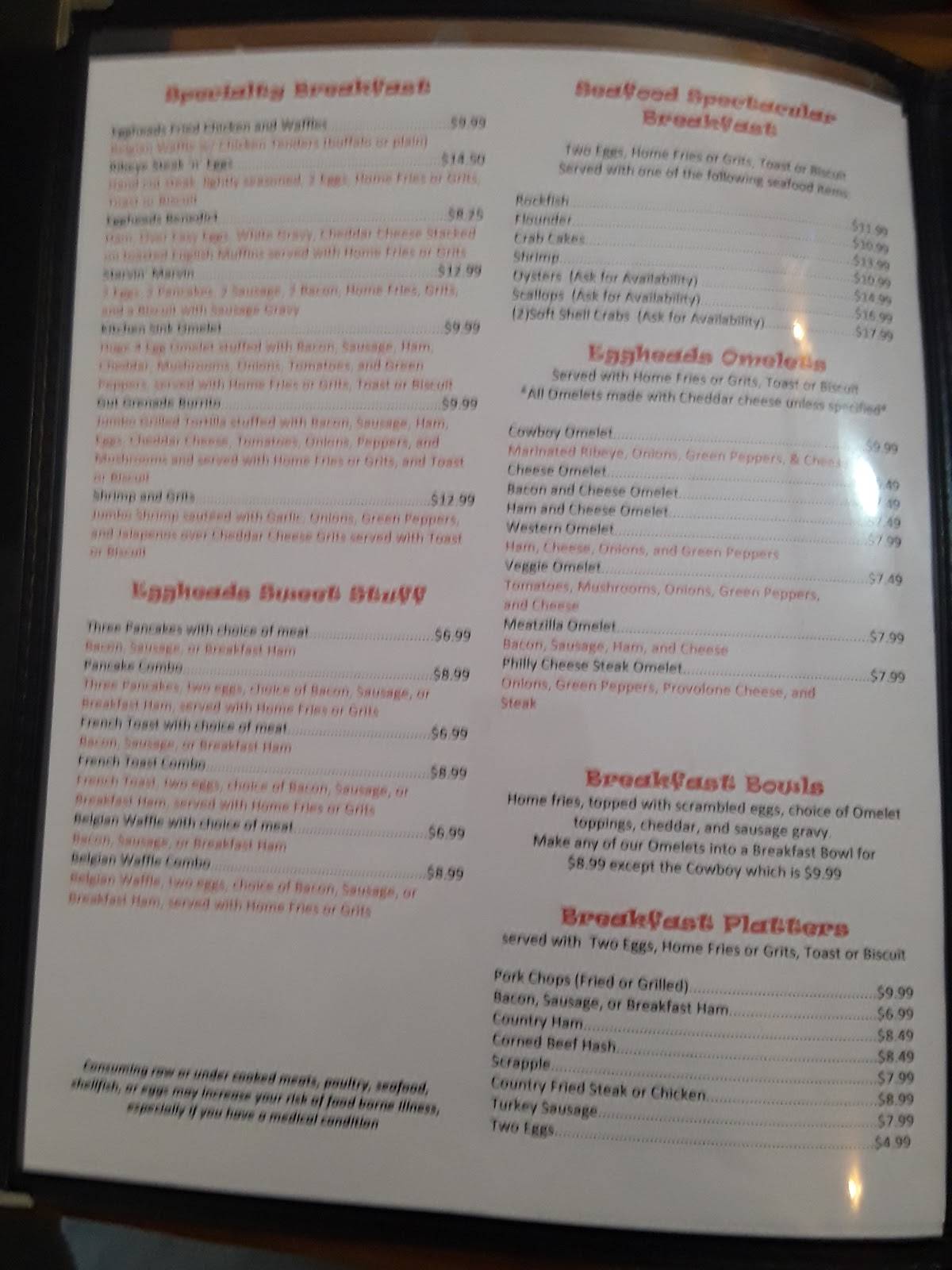 Menu at Eggheads Diner restaurant, Gloucester Point