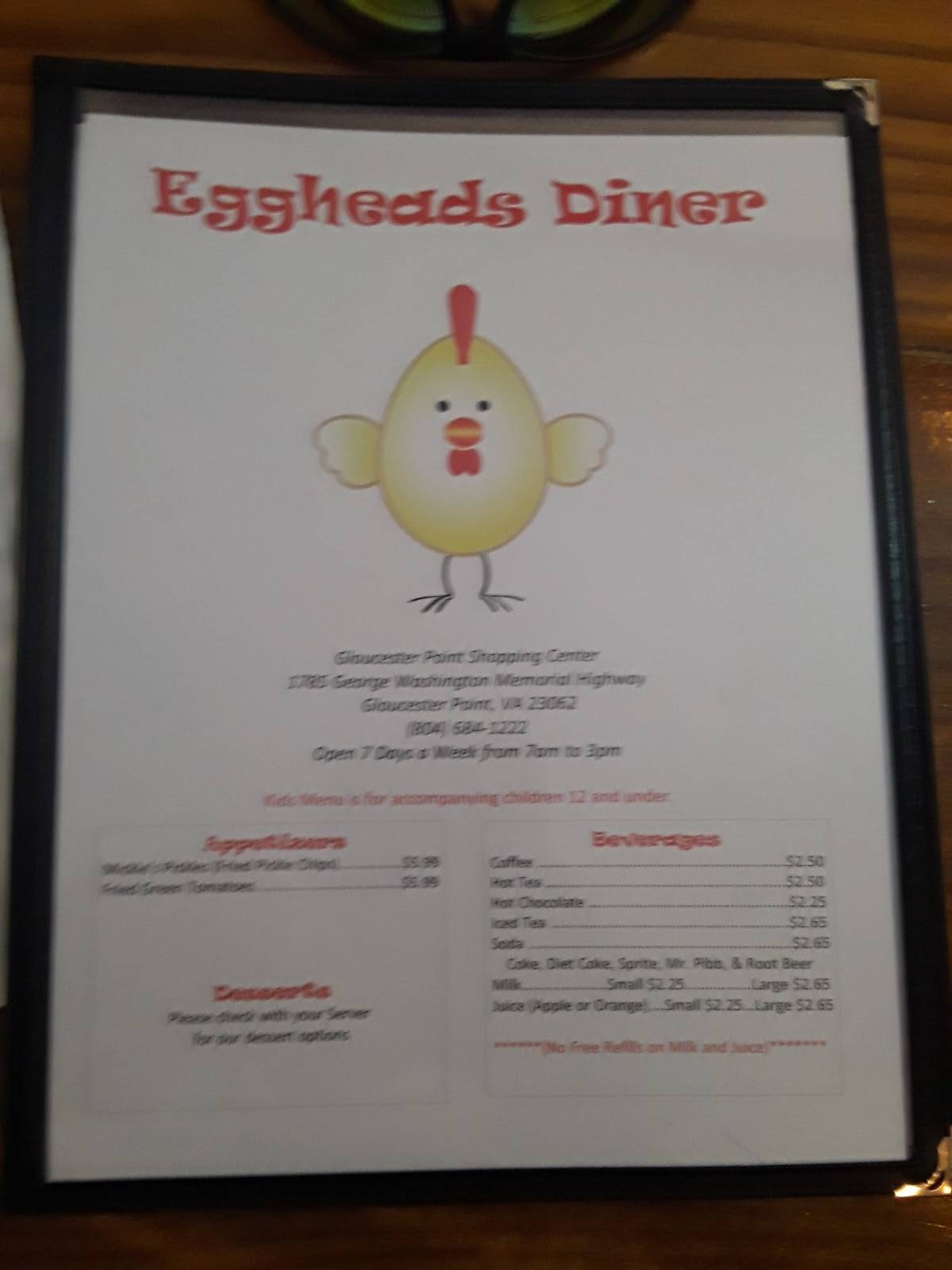 Menu at Eggheads Diner restaurant, Gloucester Point