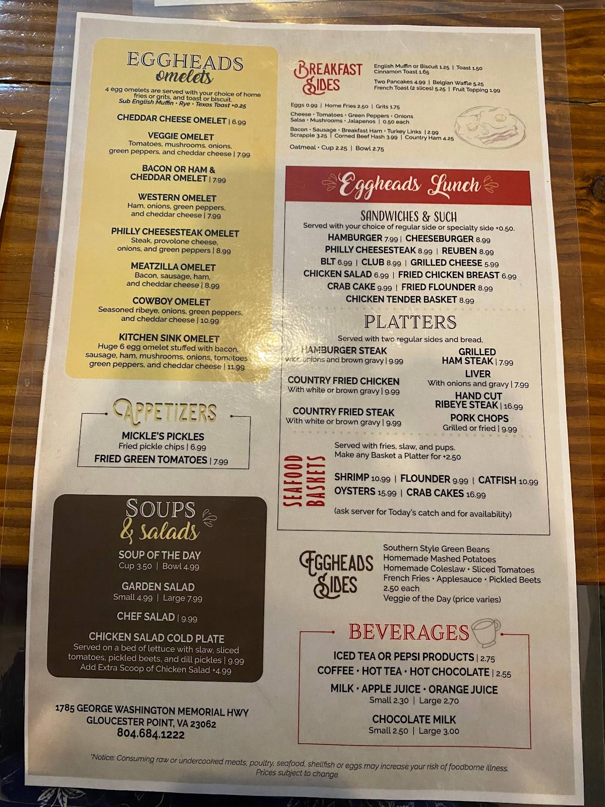 Menu at Eggheads Diner restaurant, Gloucester Point