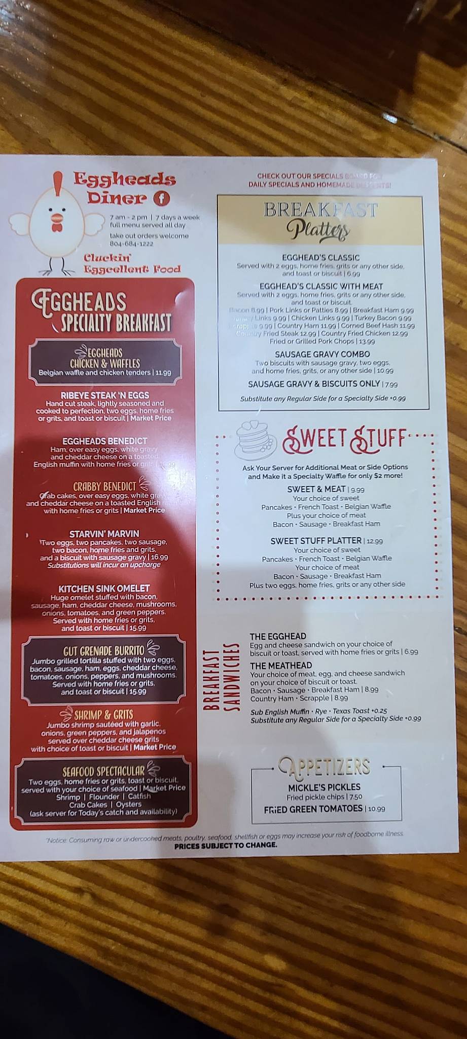 Menu at Eggheads Diner restaurant, Gloucester Point