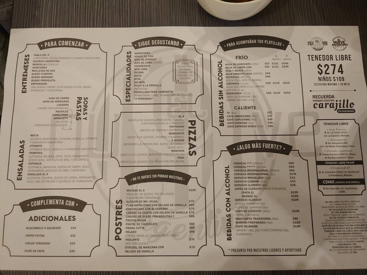 Carta del restaurante El 9 Argentino, Ciudad del México