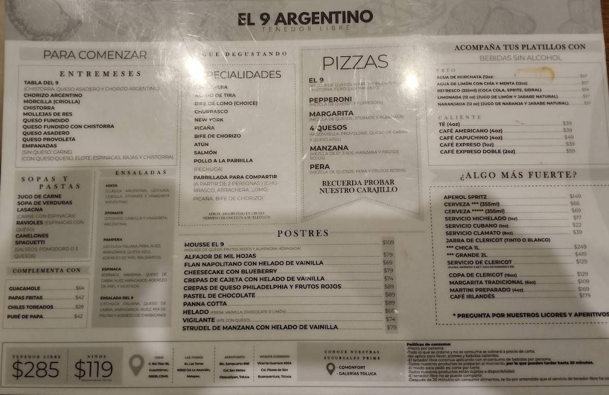 Carta del restaurante El 9 Argentino, Ciudad del México