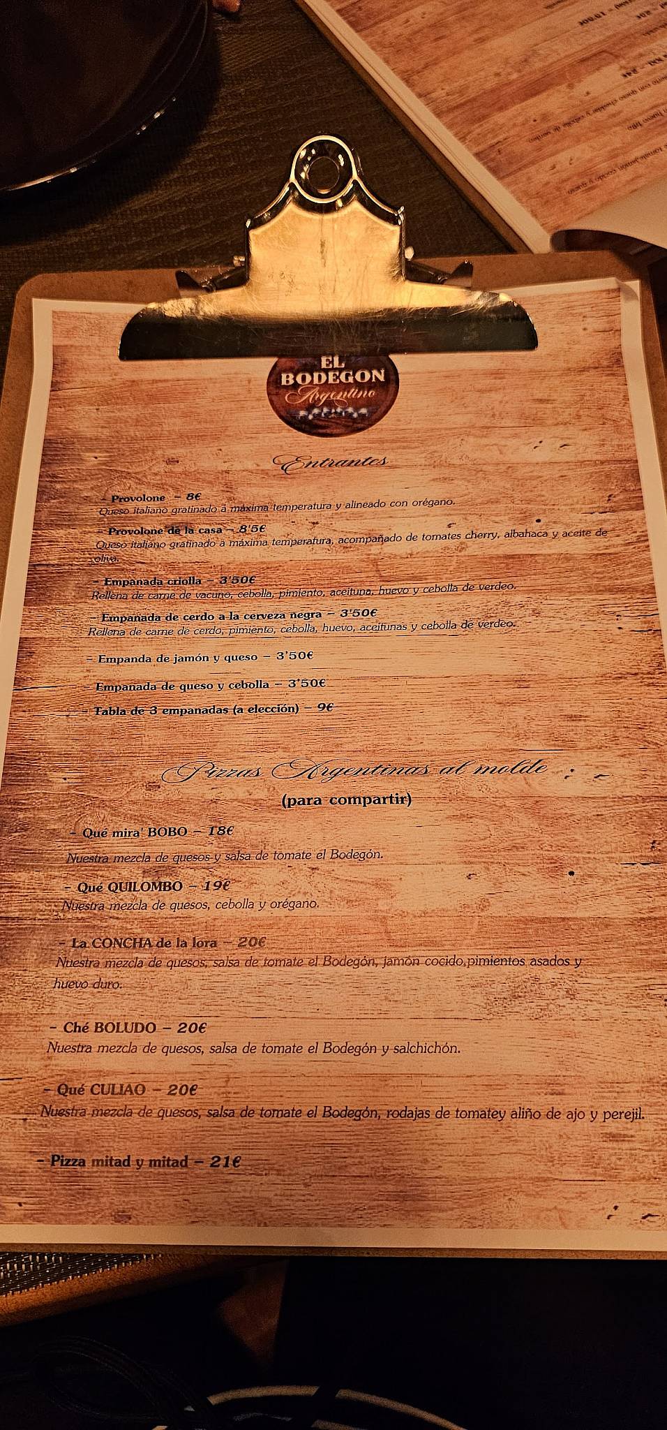 Carta del restaurante El Bodegón Argentino, Madrid