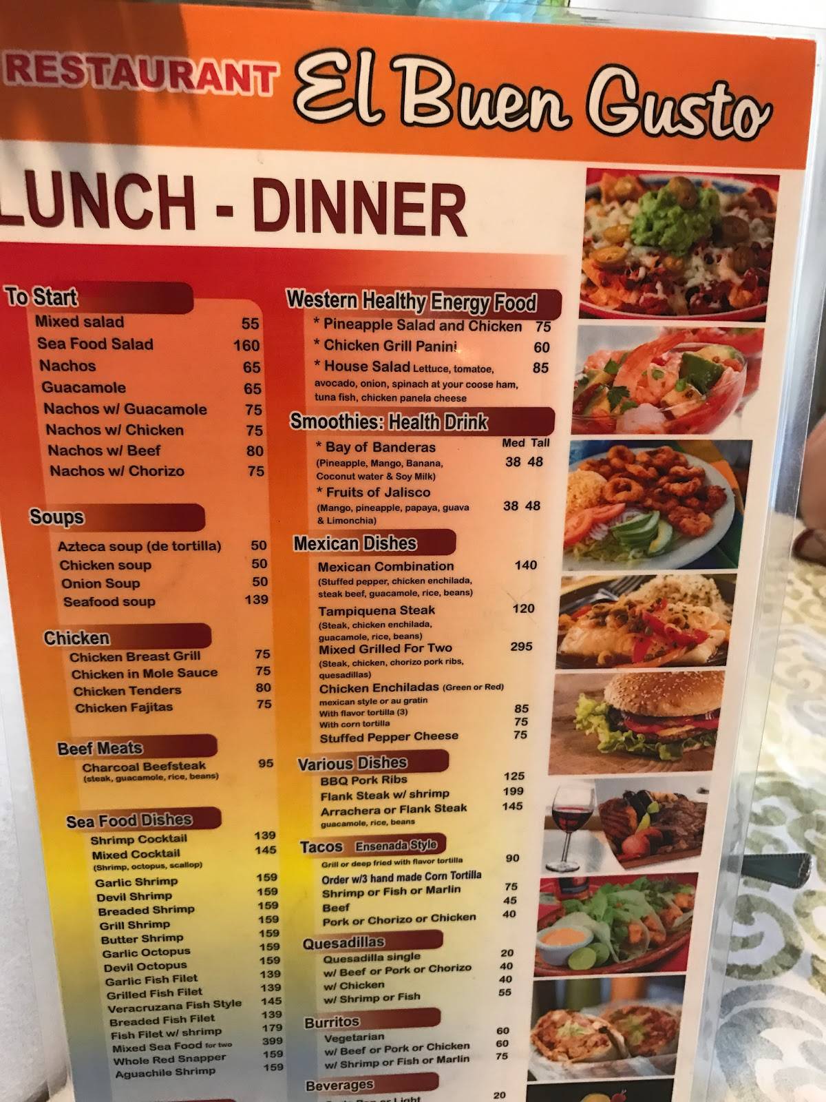 Menu at El Buen Gusto restaurant, Puerto Vallarta, Francisca Rodríguez 157