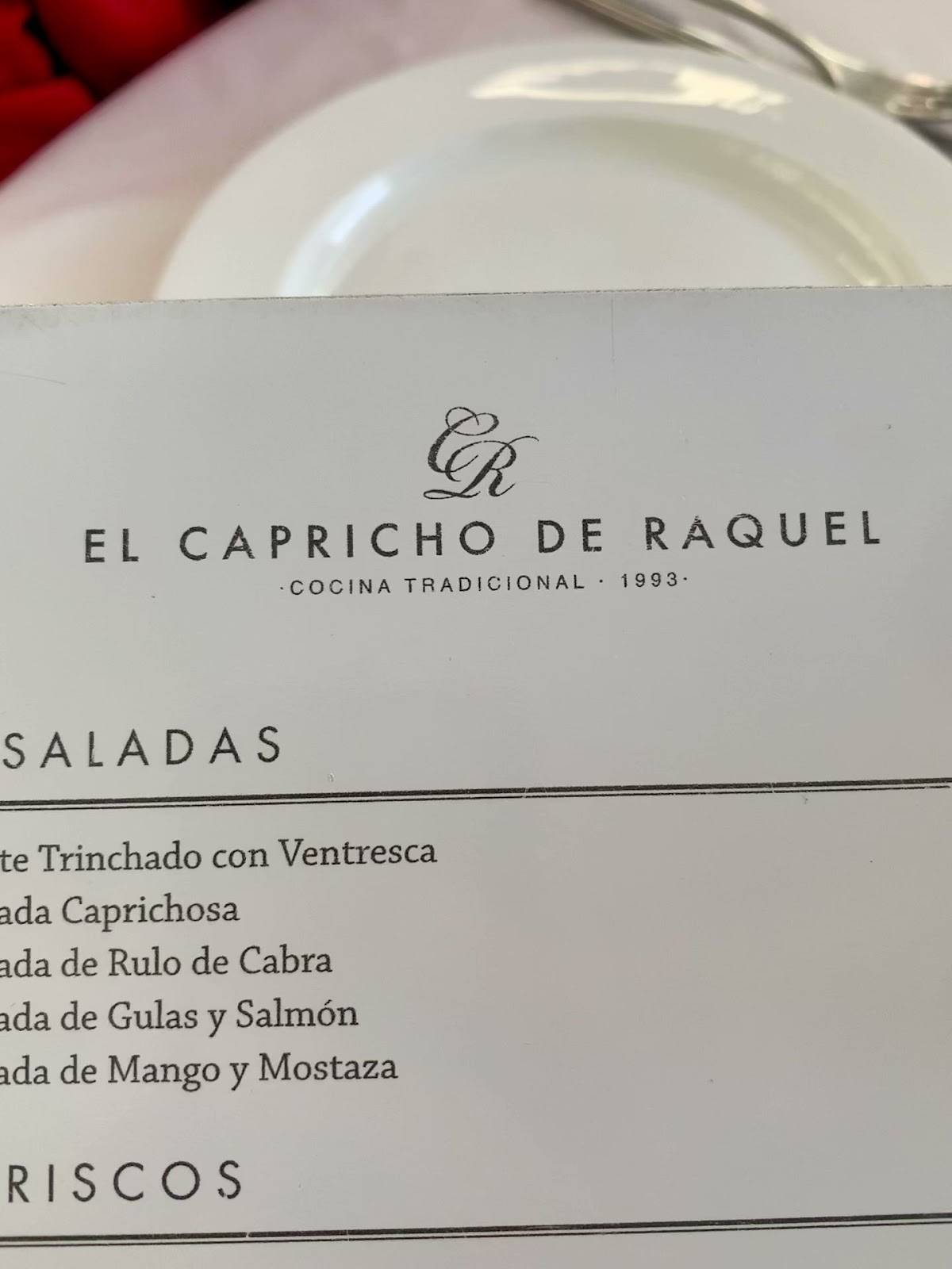 Carta de Restaurante El Capricho de Raquel, Alicante