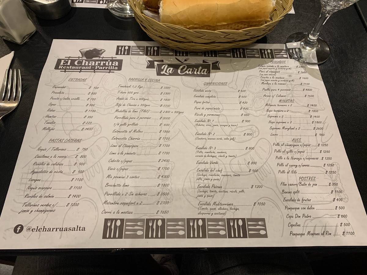 Menu at El Charrúa Restaurante y Parrillada, Salta, Caseros 221
