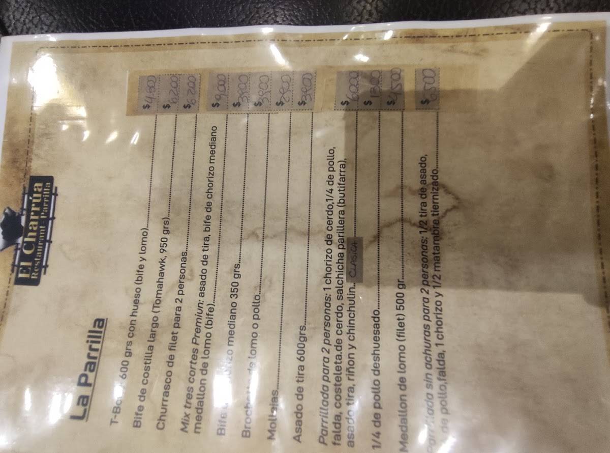 Menu at El Charrúa Restaurante y Parrillada, Salta, Caseros 221