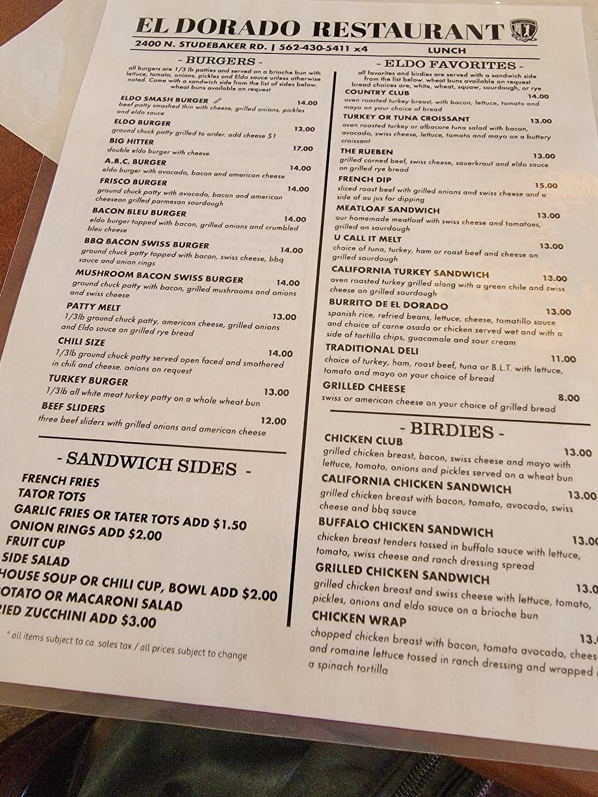 Menu at El Dorado Golf Course Restaurant, Long Beach