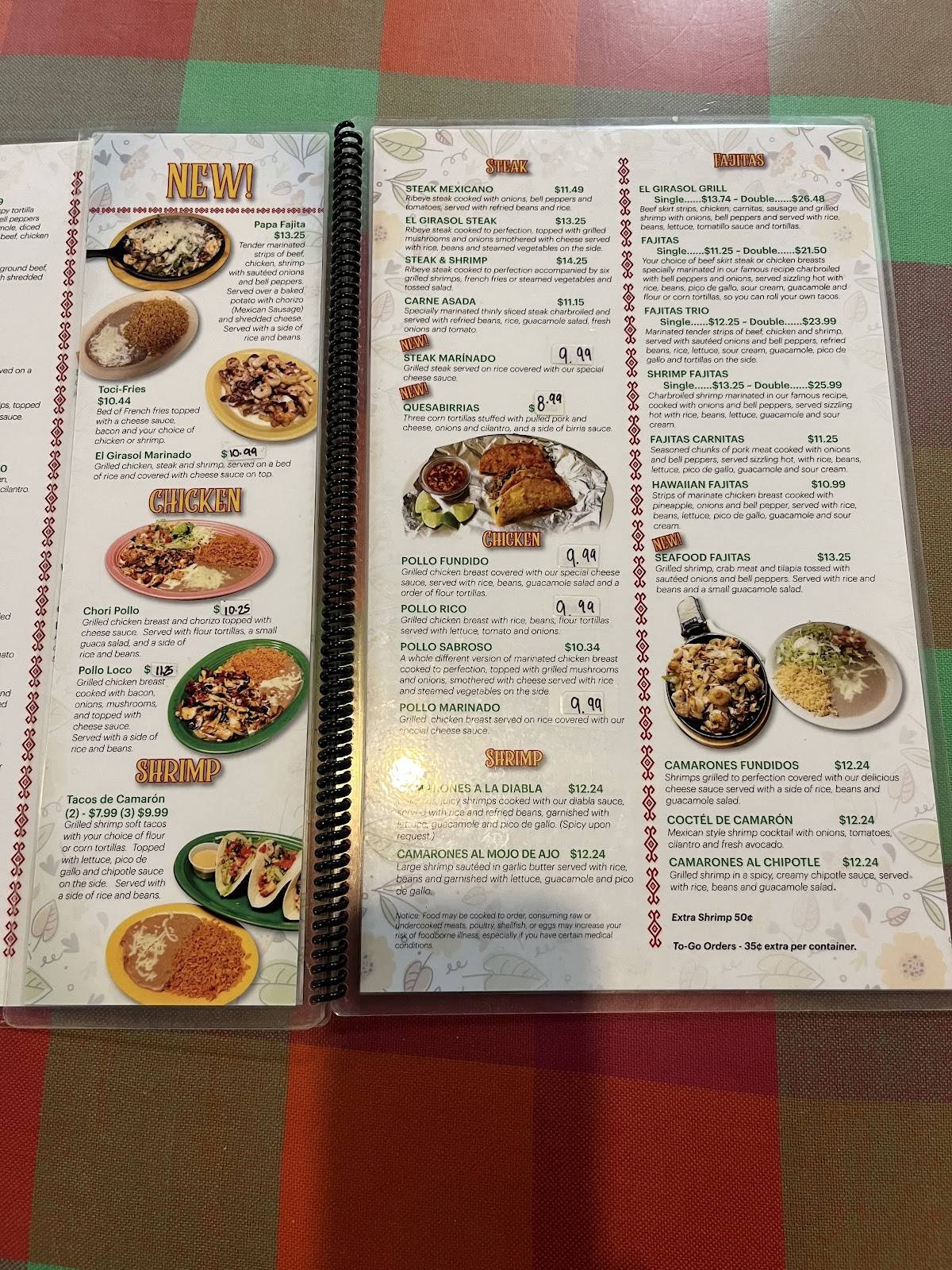 Menu at El Girasol Mexican Restautant restaurant, Rison