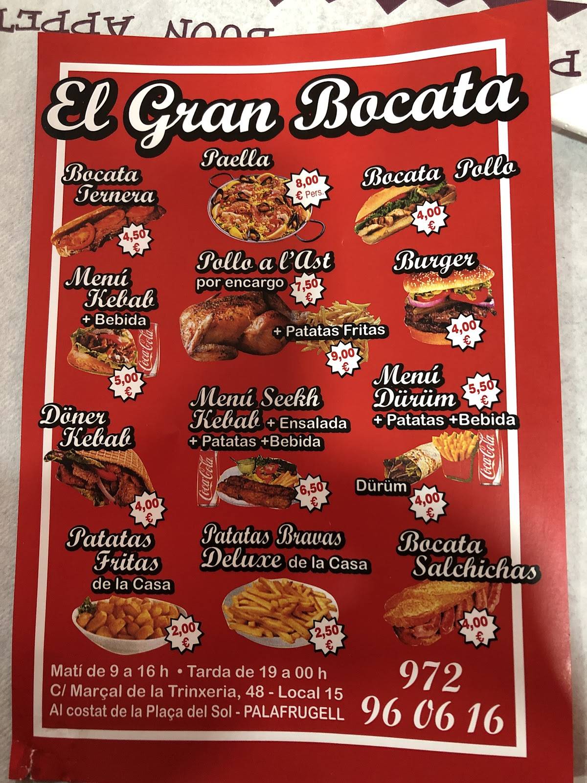 Carta de El Gran Bocata Bar & Restaurant Halal, Palafrugell