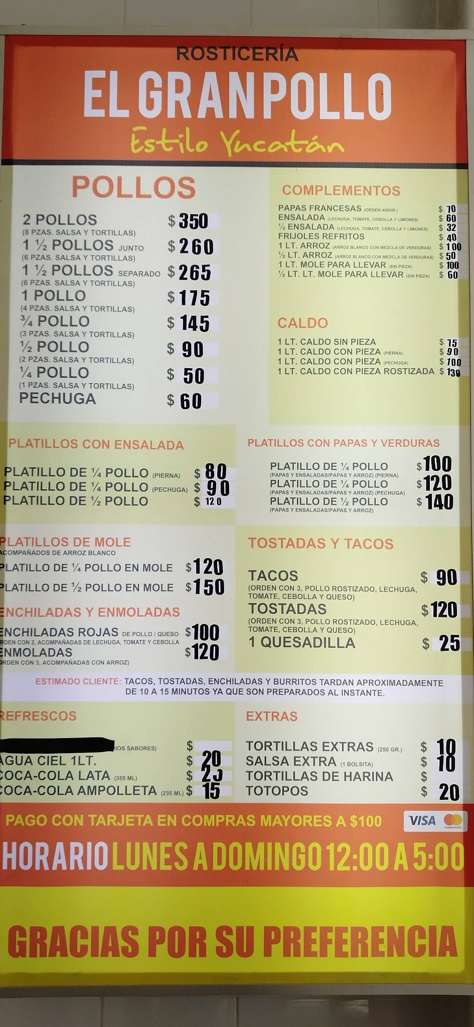 Carta del restaurante El Gran Pollo, Chihuahua, Avenida Universidad 2304